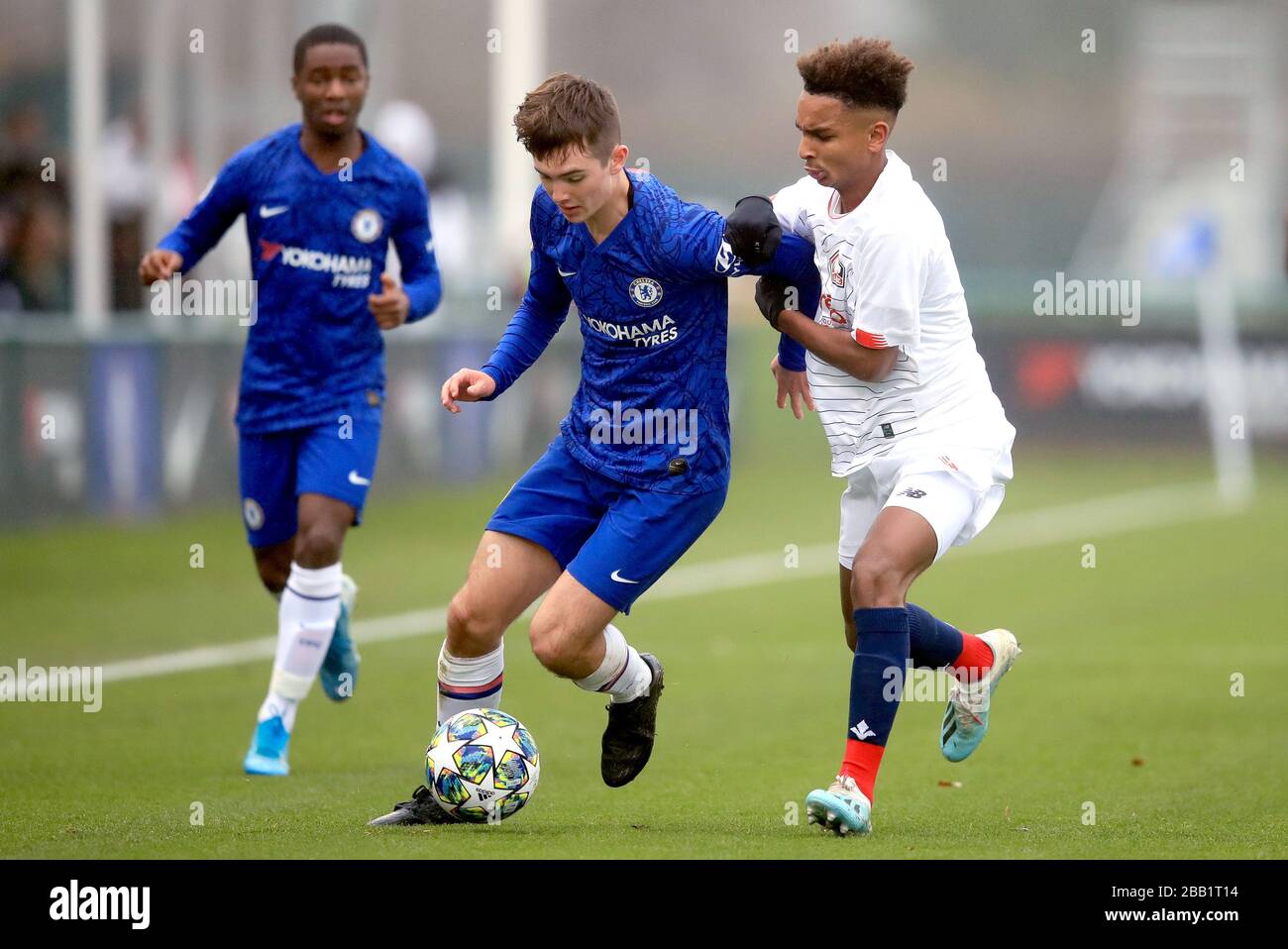 Chelsea's Joe Haigh (left) and Lille's Yassine Ben Hamed battle for the ...