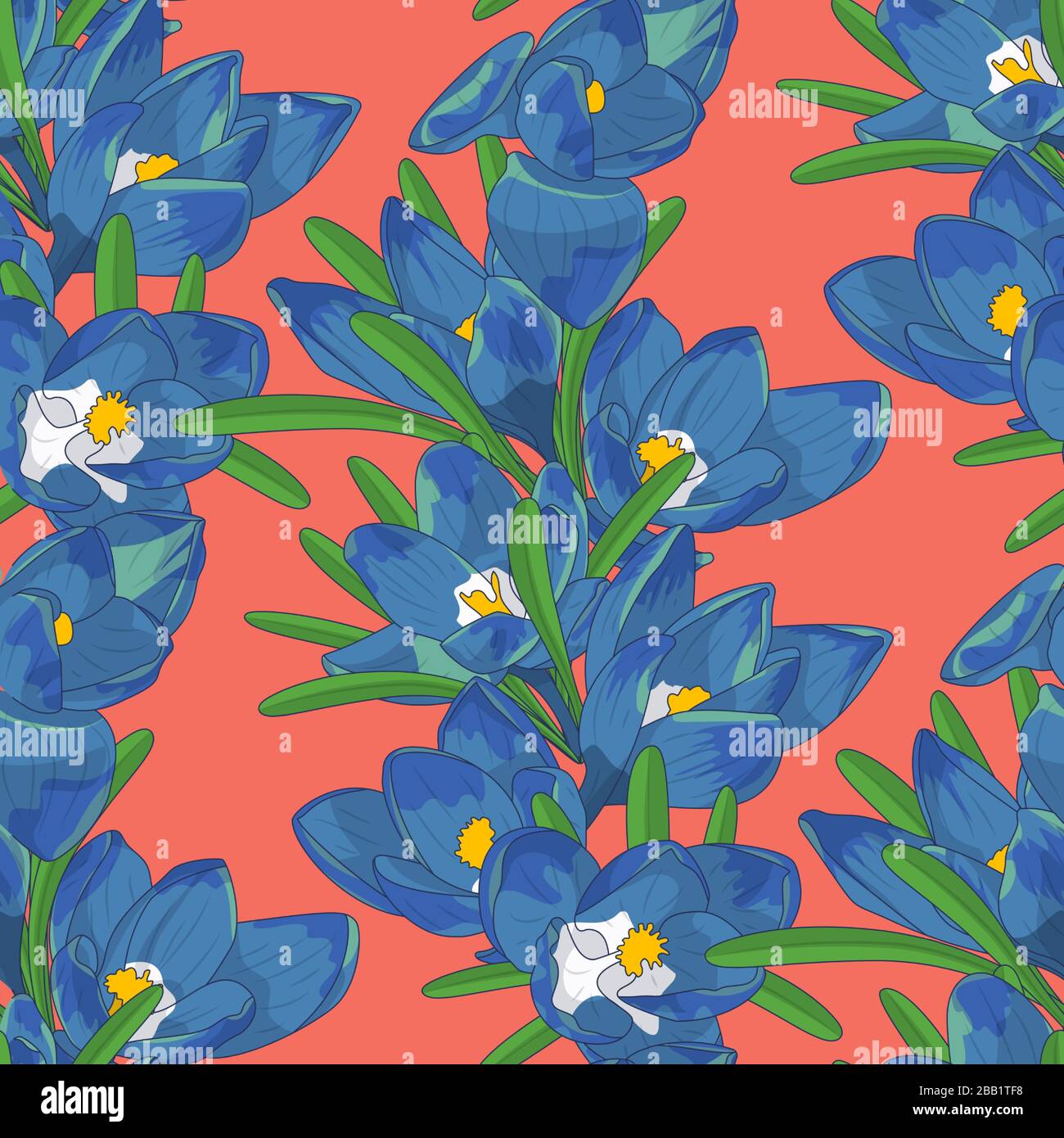 Hand drawn blue crocus flowers seamless floral pattern. On pink ...