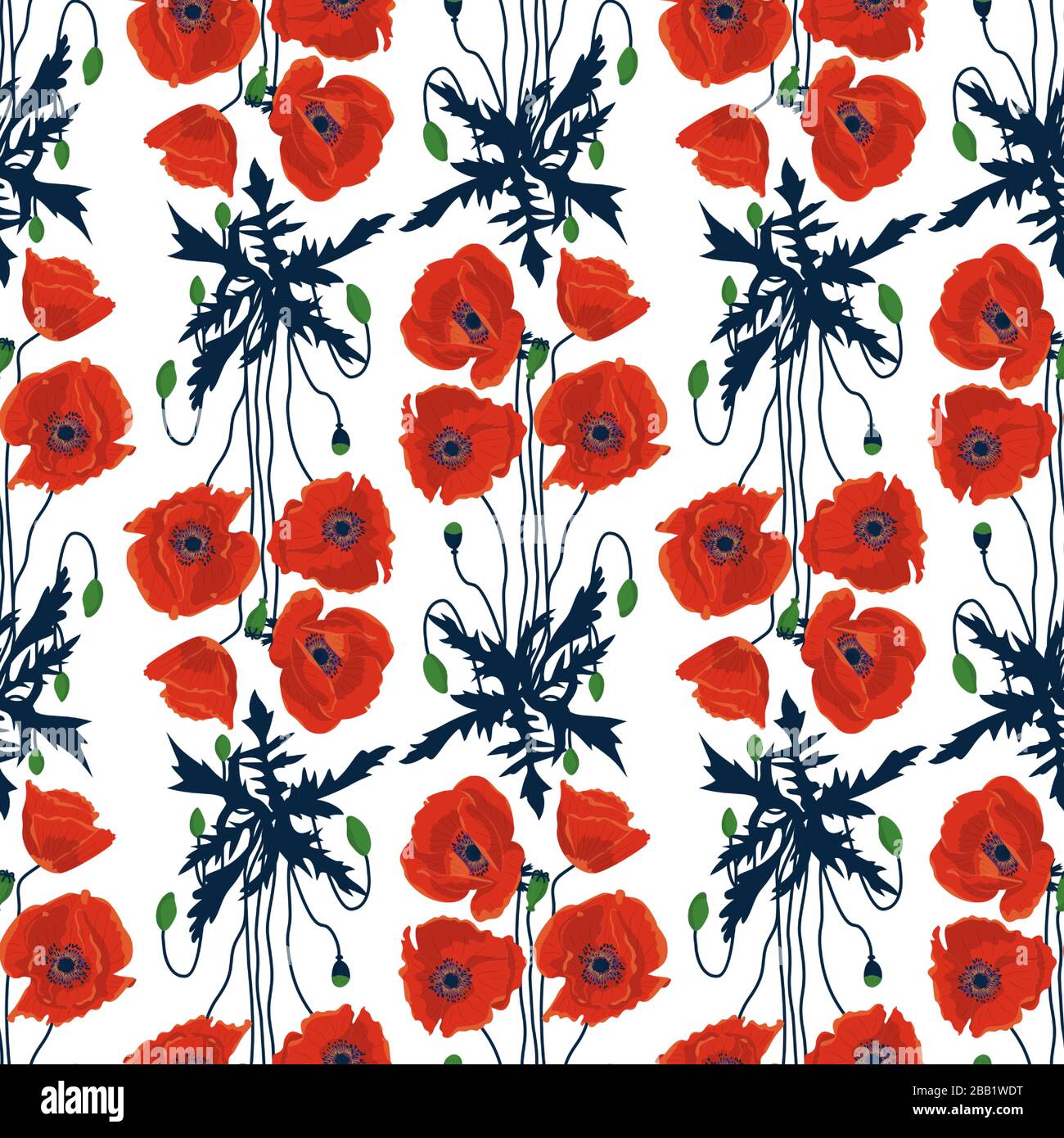 Seamless pattern with hand drawn red poppy flowers on white background ...