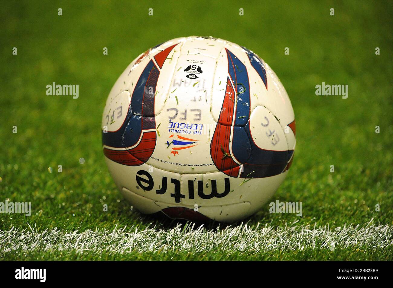 Detail of a Mitre match ball on the pitch during the warm up Stock ...