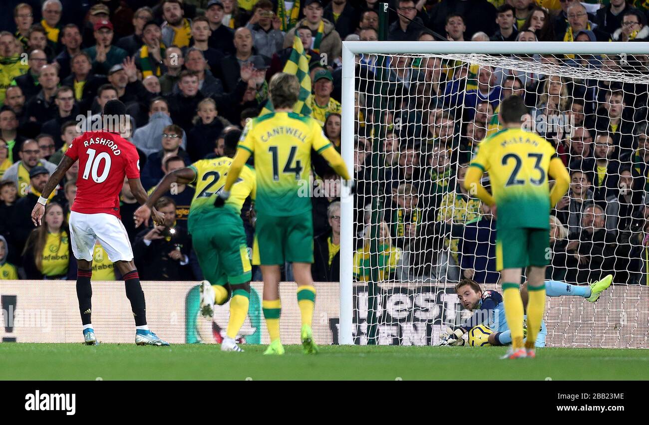 Manchester United's Marcus Rashford has his penalty saved by Norwich ...