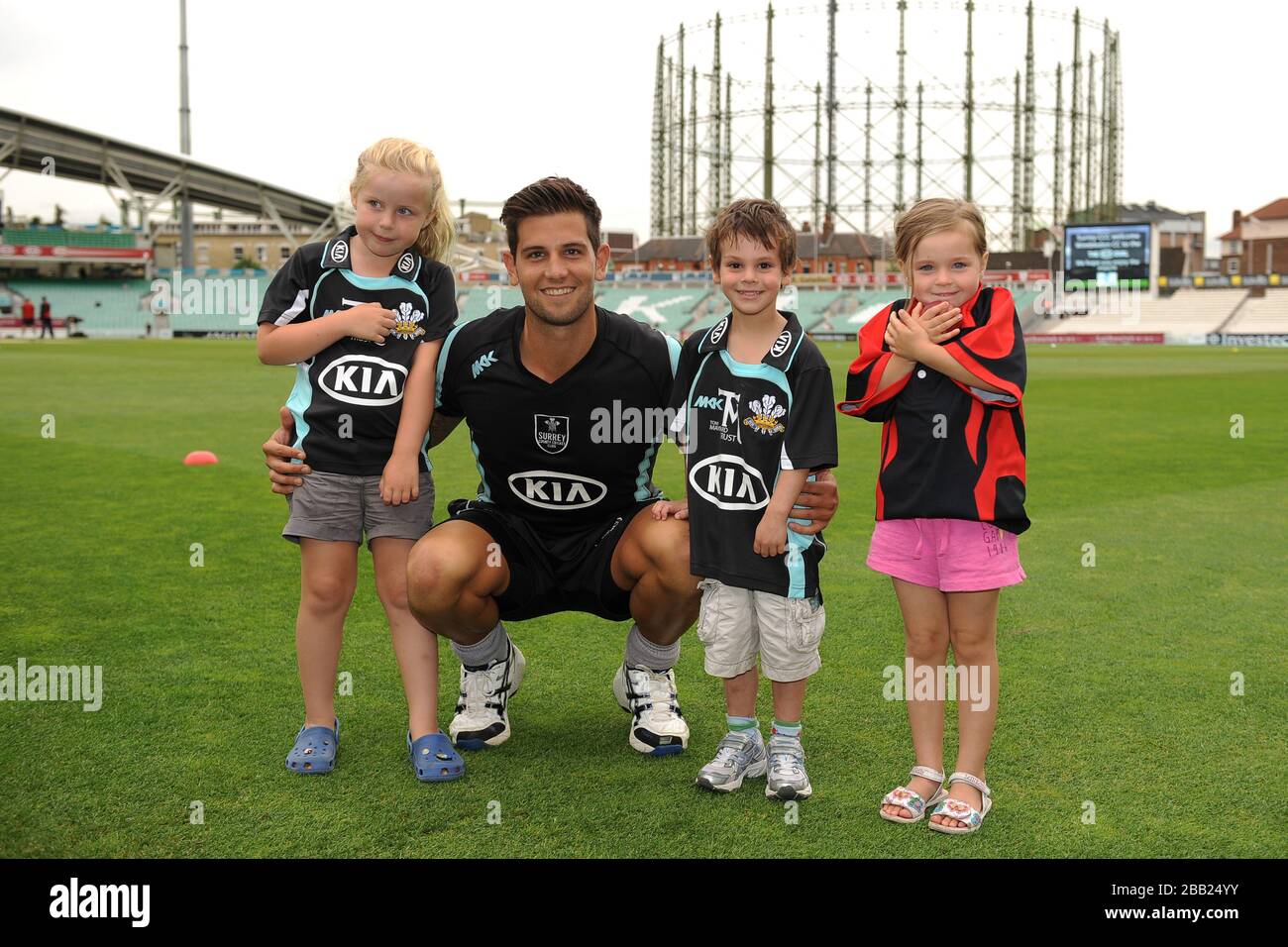 Surrey's Jade Dernbach with Surrey mascots Tyler De Bruyn, Molly Adams ...