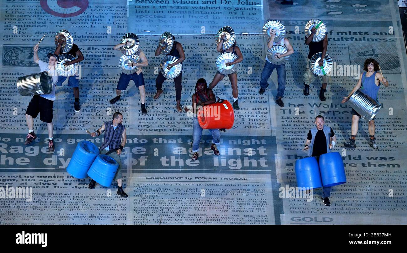 The cast of Stomp perform during The London Olympic Games 2012 Closing ...