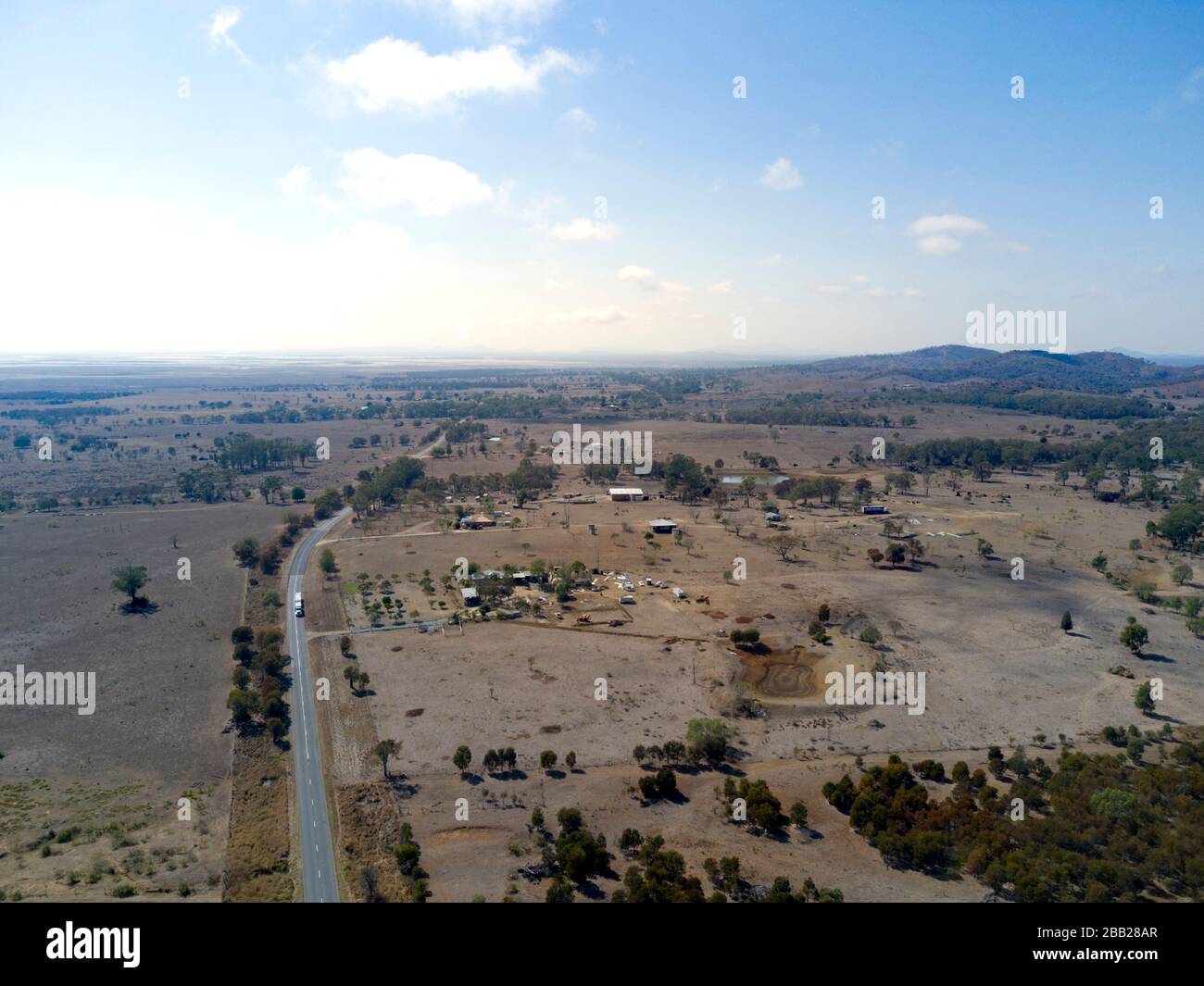 Aerial of drought affected landscape with small hobby farms near Port ...