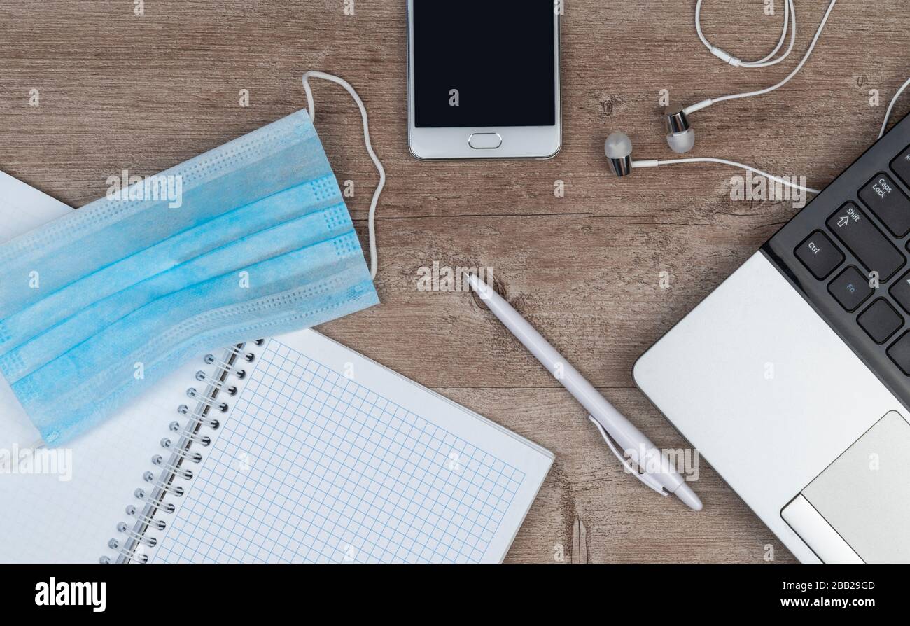 hygiene in the office. Top view close up of office desk, desktop with ...