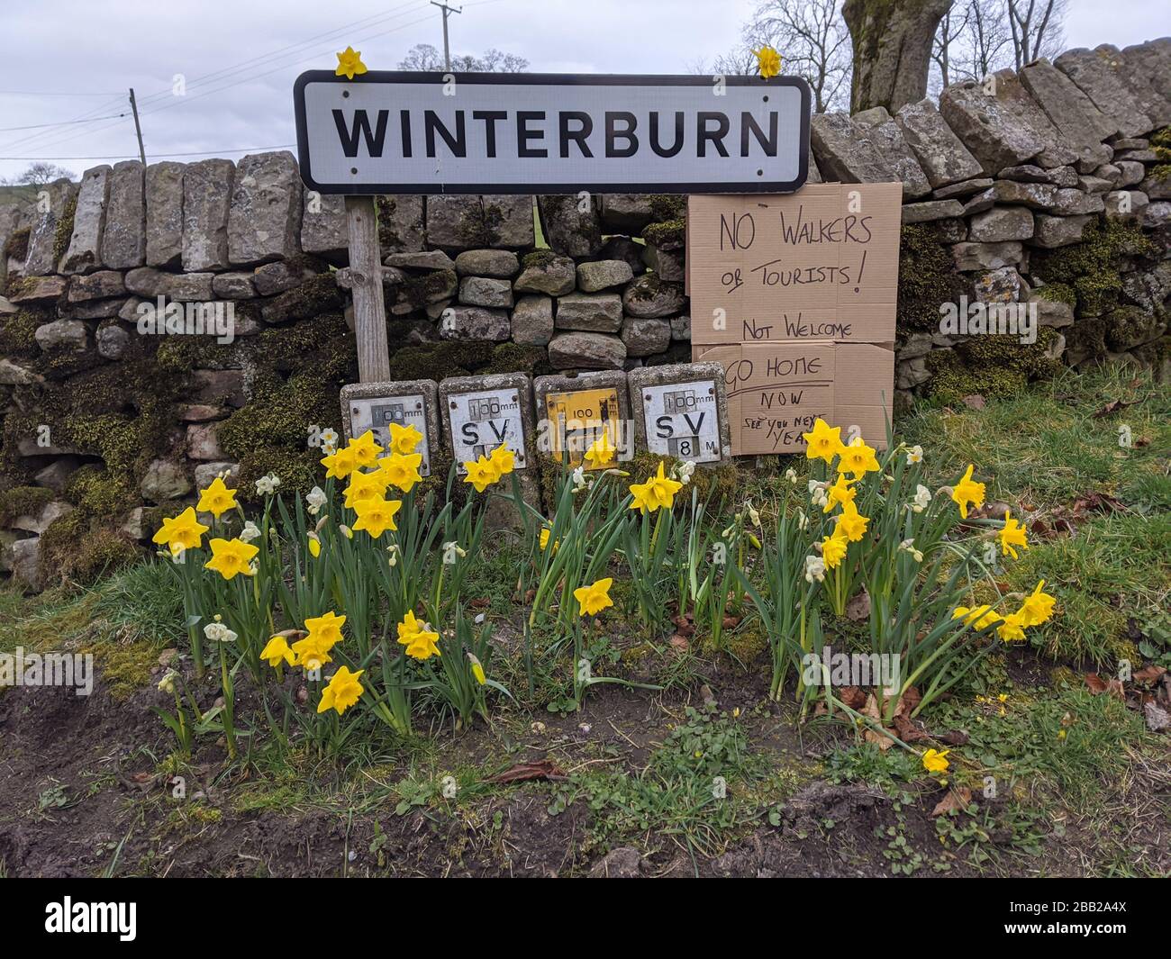 Home-made sign made by villagers of Winterburn on Yorkshire Dales ...