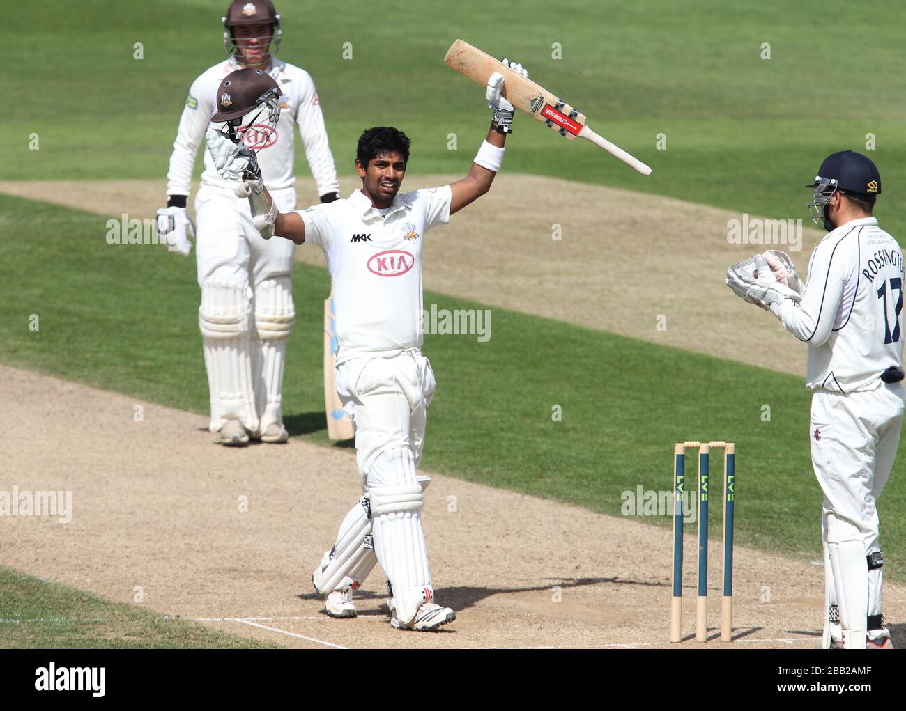 Surrey's Arun Harinath celebrates reaching his century Stock Photo - Alamy