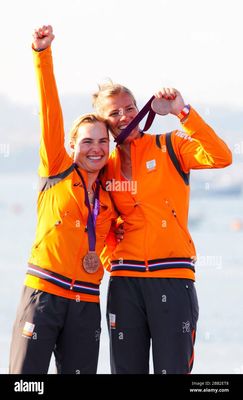 The Netherlands' Women's 470 bronze medal pair of Lisa Westerhof (left ...