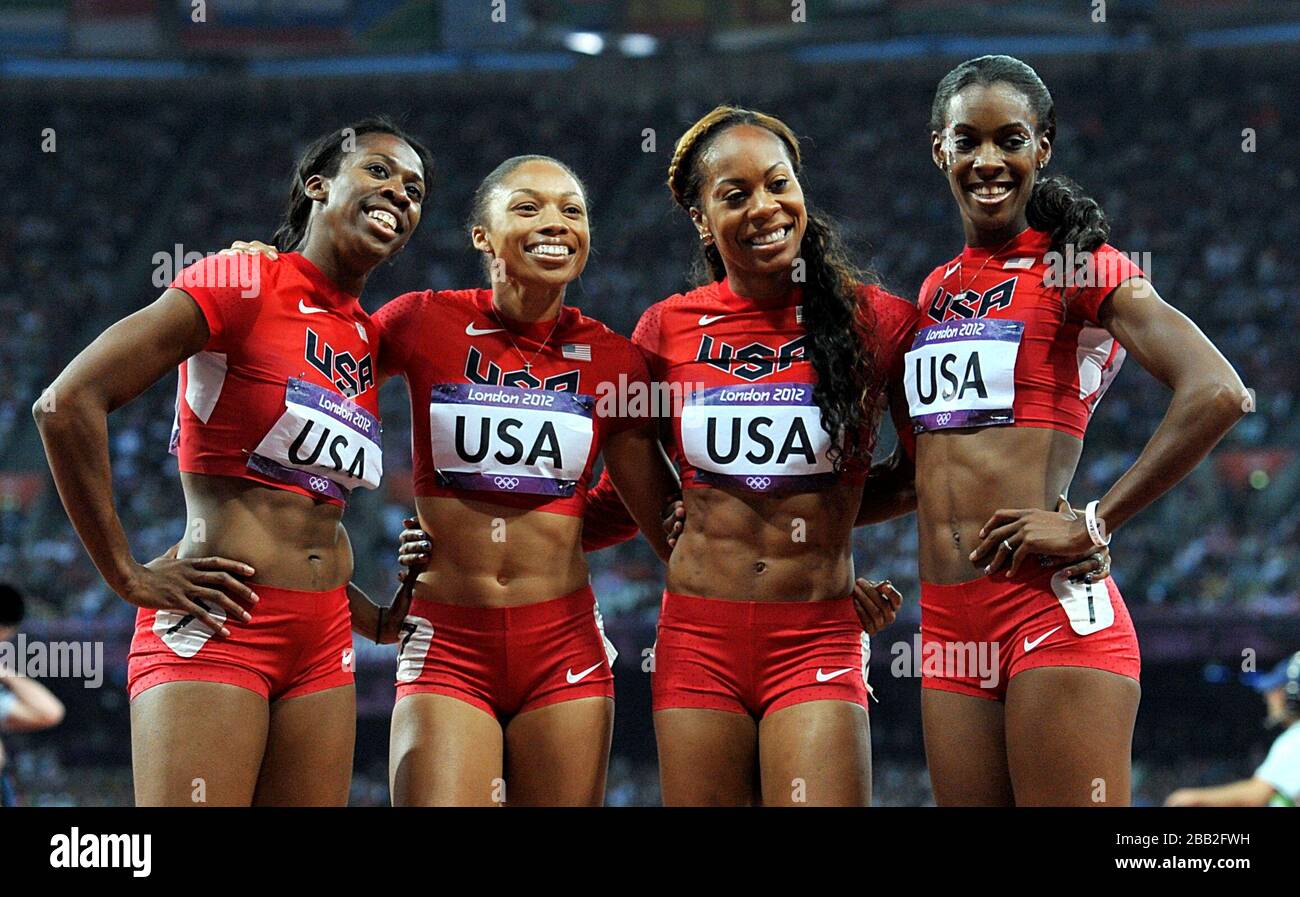 (L-R) USA's Francena McCorory, Allyson Felix, Sanya Richards-Ross and ...