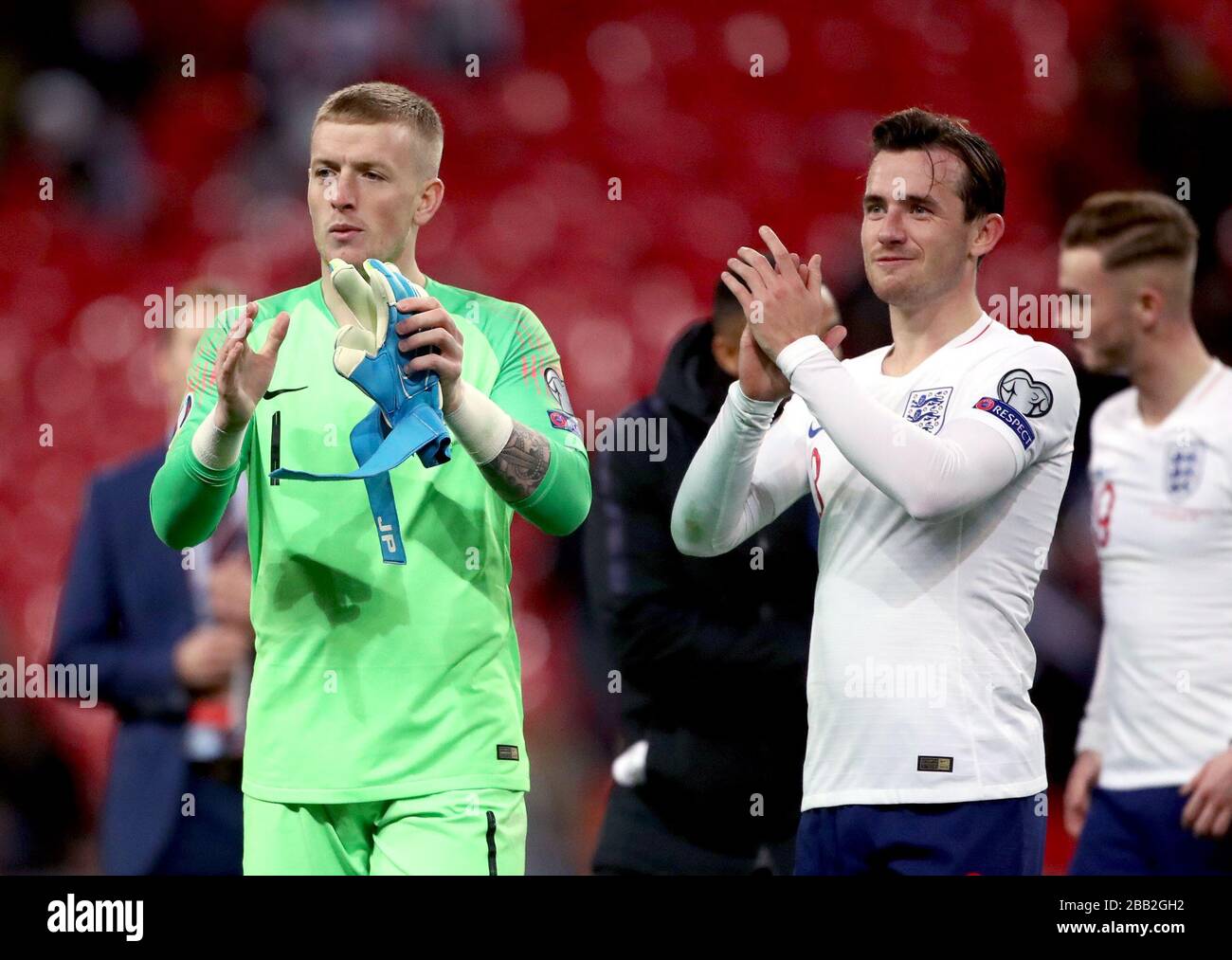 England goalkeeper Jordan Pickford (left) and Ben Chilwell celebrate ...