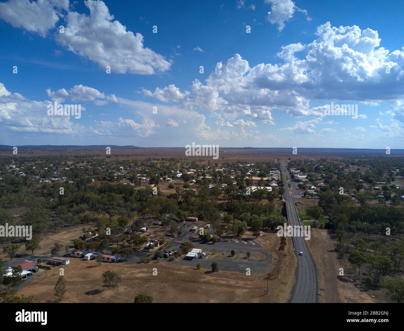 Aerial of the town of Mitchell on the banks of the Maranoa River ...