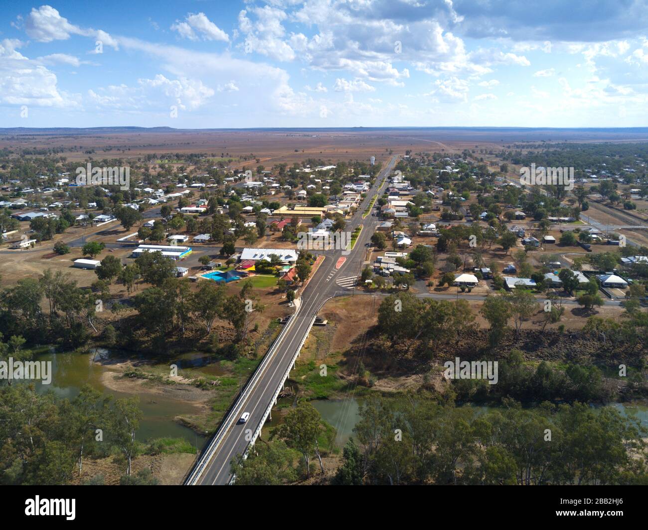 Aerial of the town of Mitchell on the banks of the Maranoa River ...