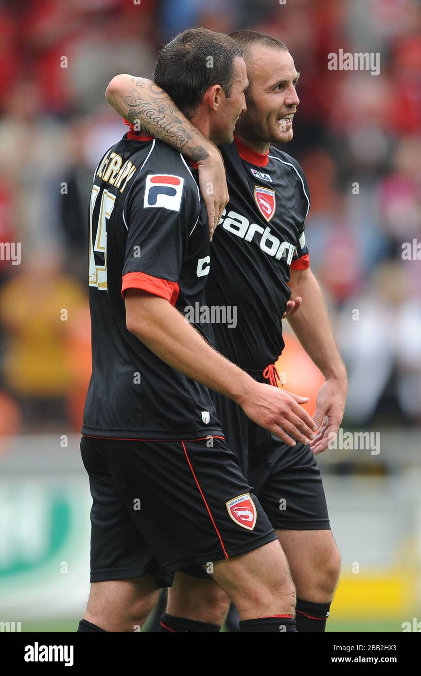 Morecambe's Will Haining and Chris McCready celebrate victory Stock ...