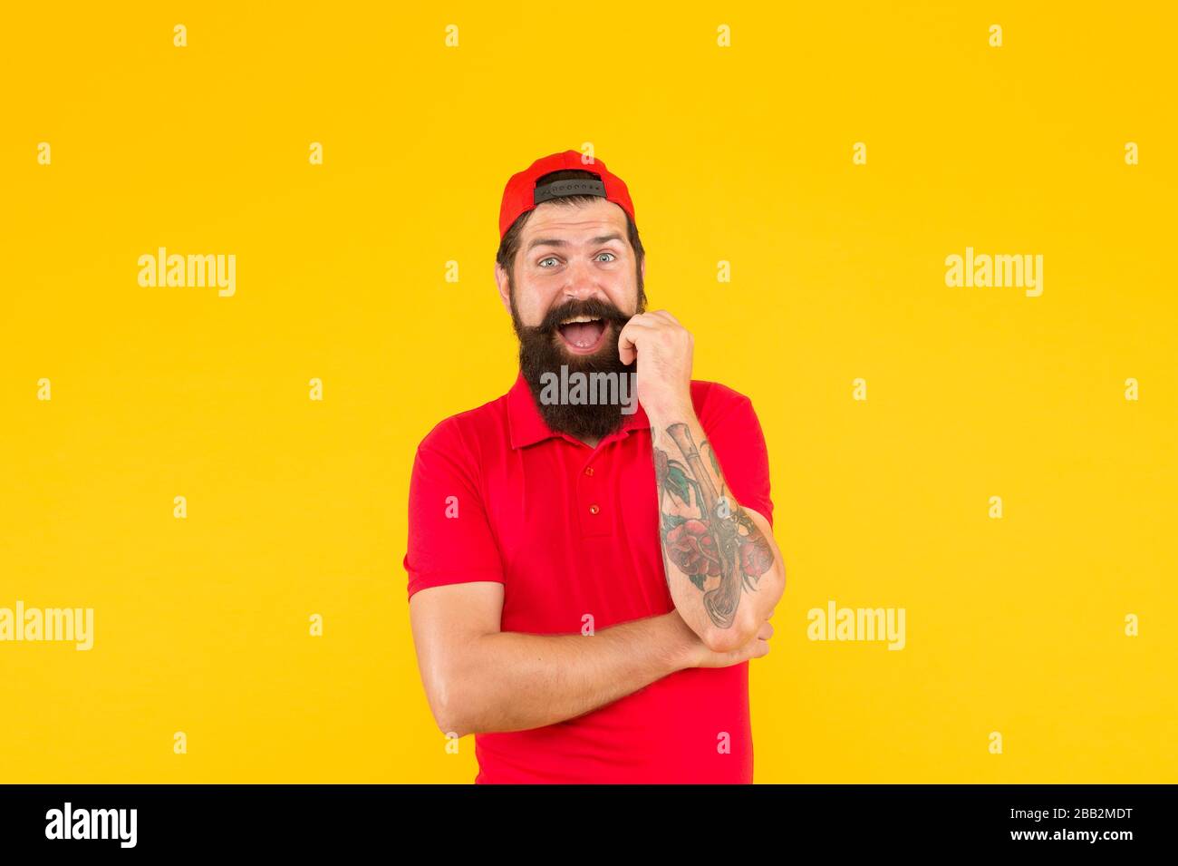 Mister moustache barber shop. Bearded man twirl mustache. Happy hipster ...