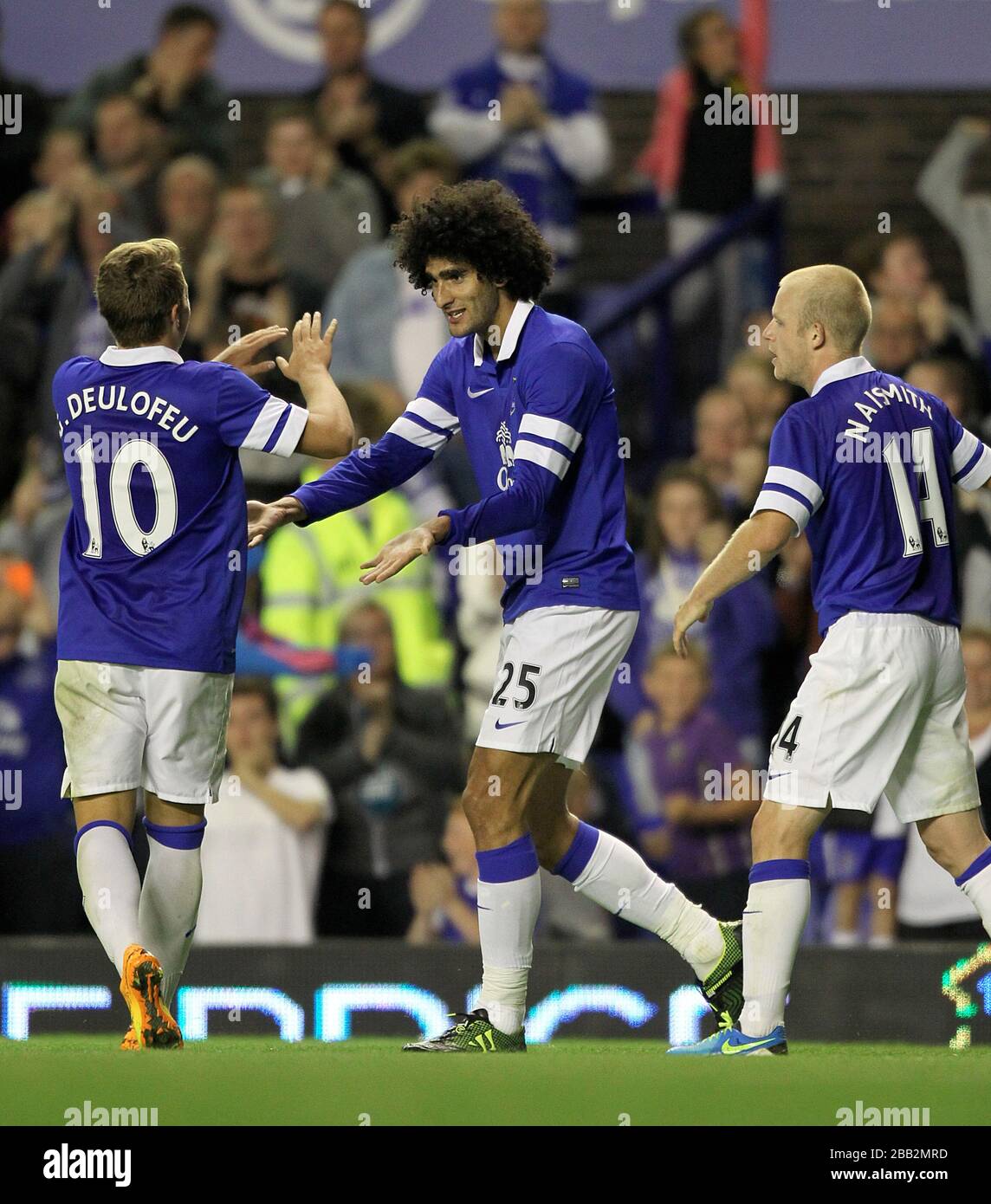 Everton's Marouane Fellaini celebrates scoring his teams second goal of ...