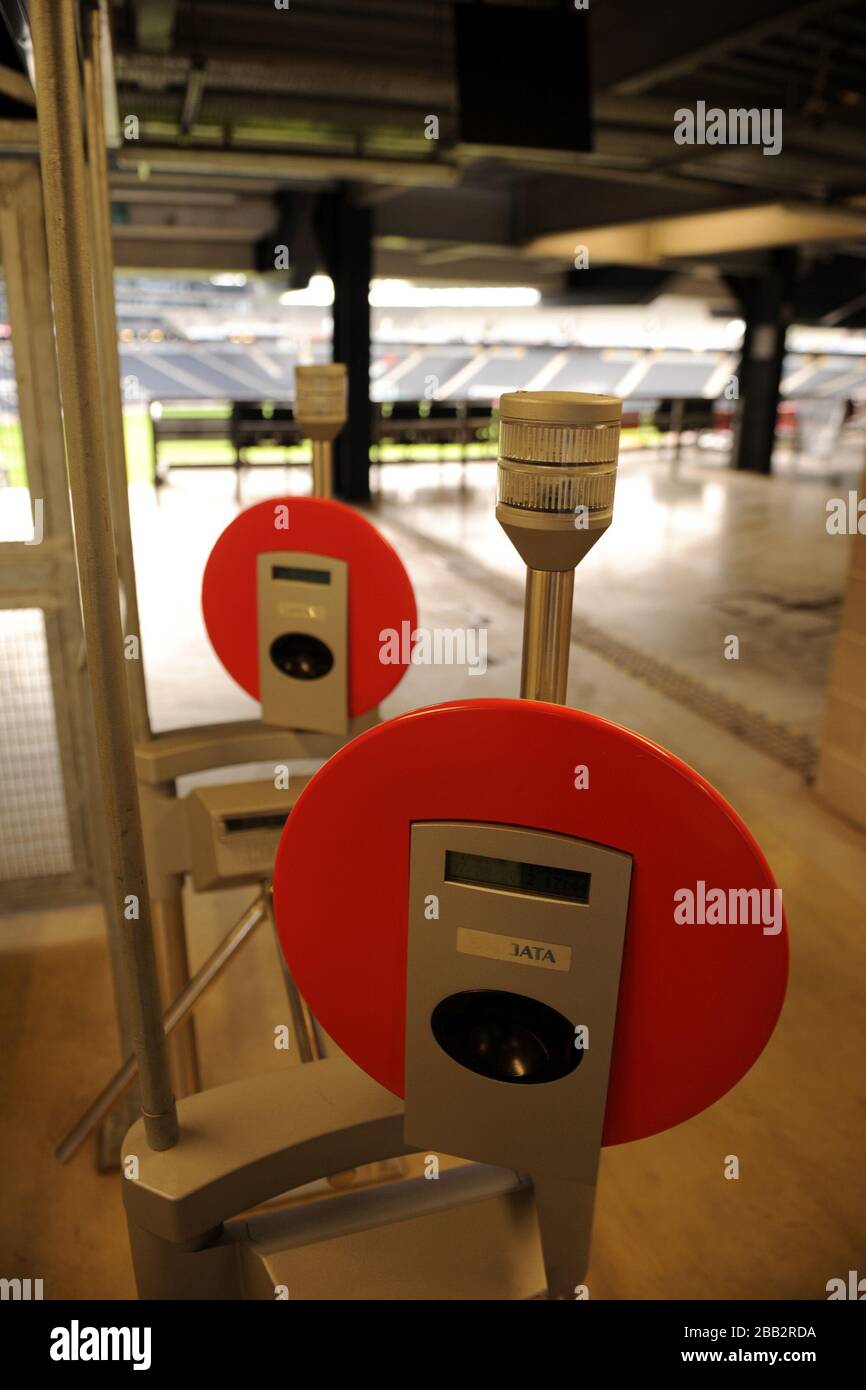 View of the ticket barriers inside the stadium:mk Stock Photo - Alamy