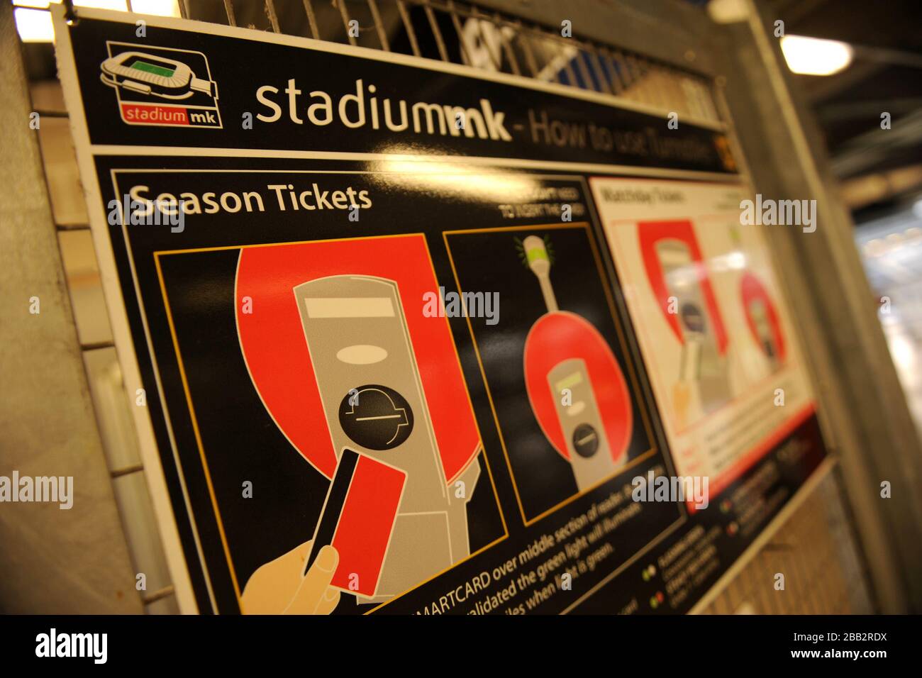 View of the ticket barrier signage inside the stadium:mk Stock Photo ...