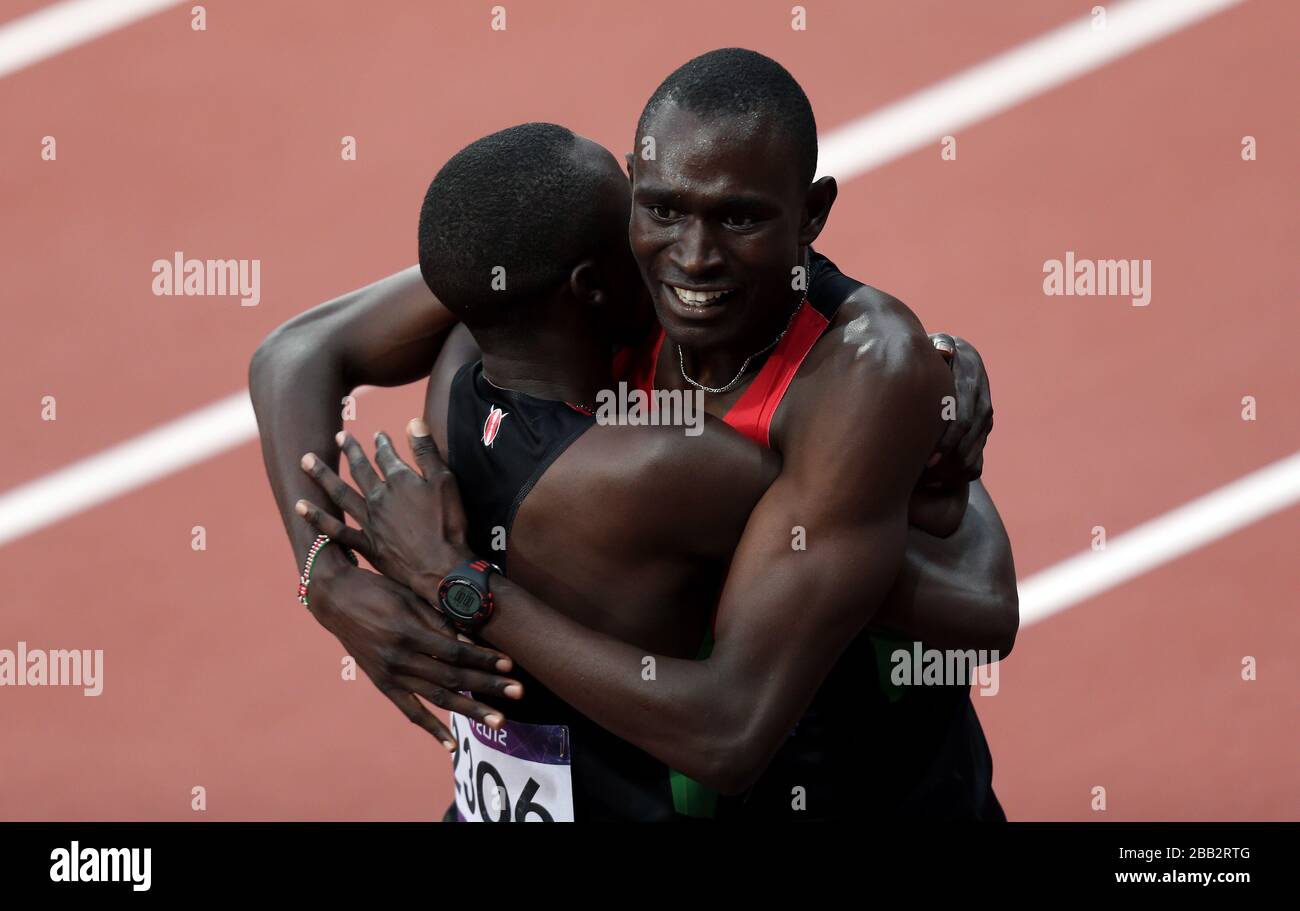 Kenya's David Rudisha (right) celebrates with his team mate after ...