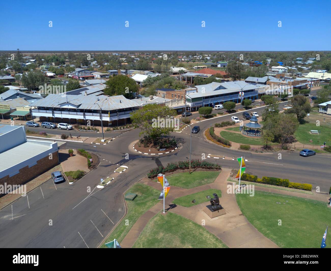 Aerial of the historic hotels and CBD of Cunnamulla Western Queensland ...