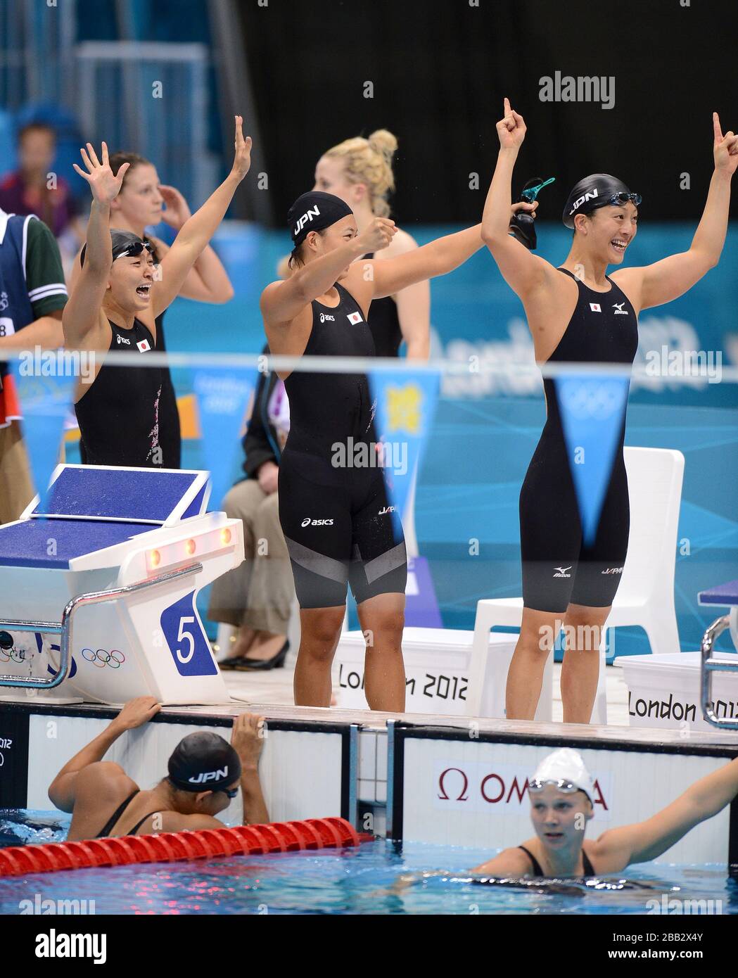Japan's Women's 4x100m Medley Relay team celebrate winning the Bronze ...