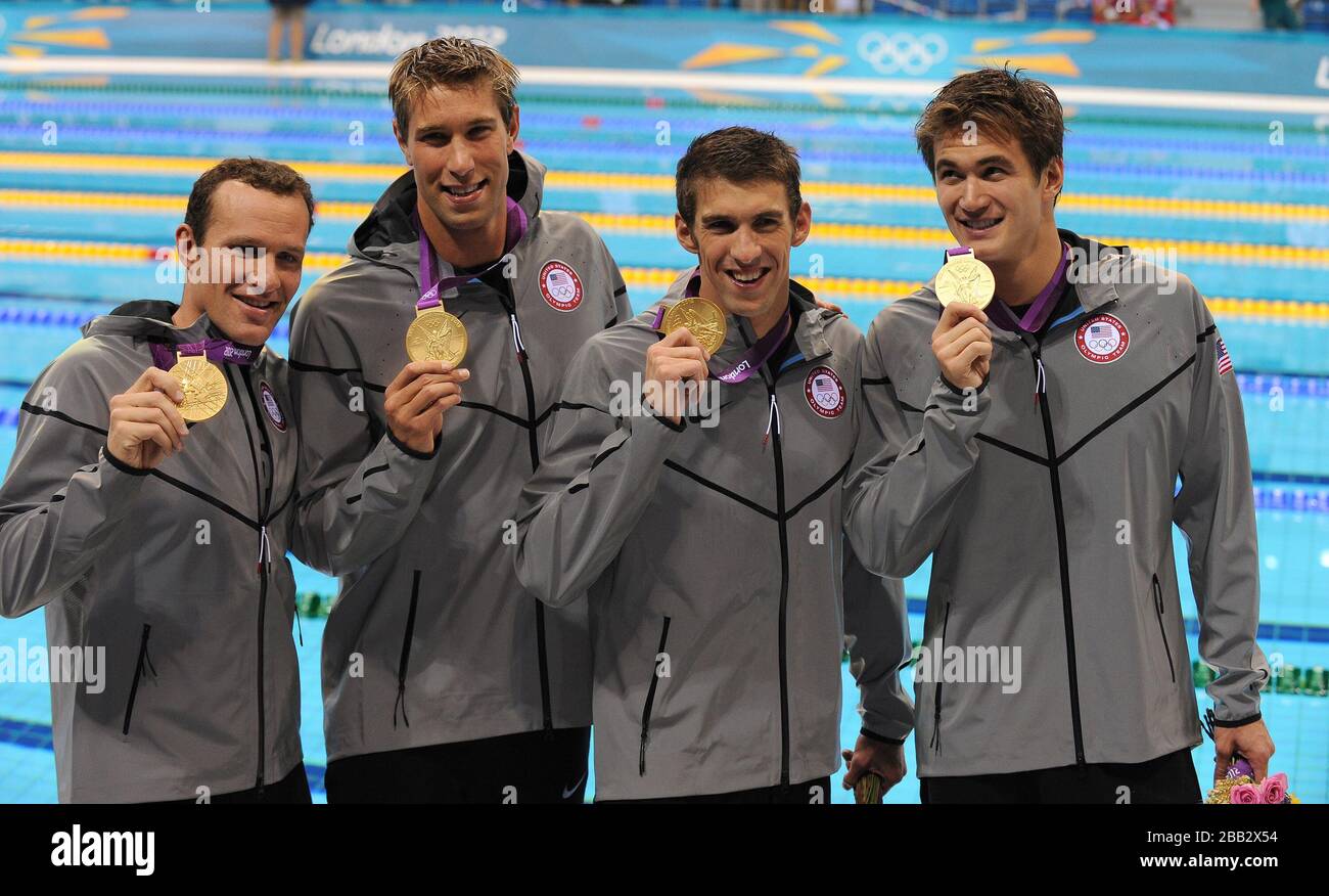 USA's 4x100m Medley Relay team (left to right) Brendan Hansen, Matthew ...