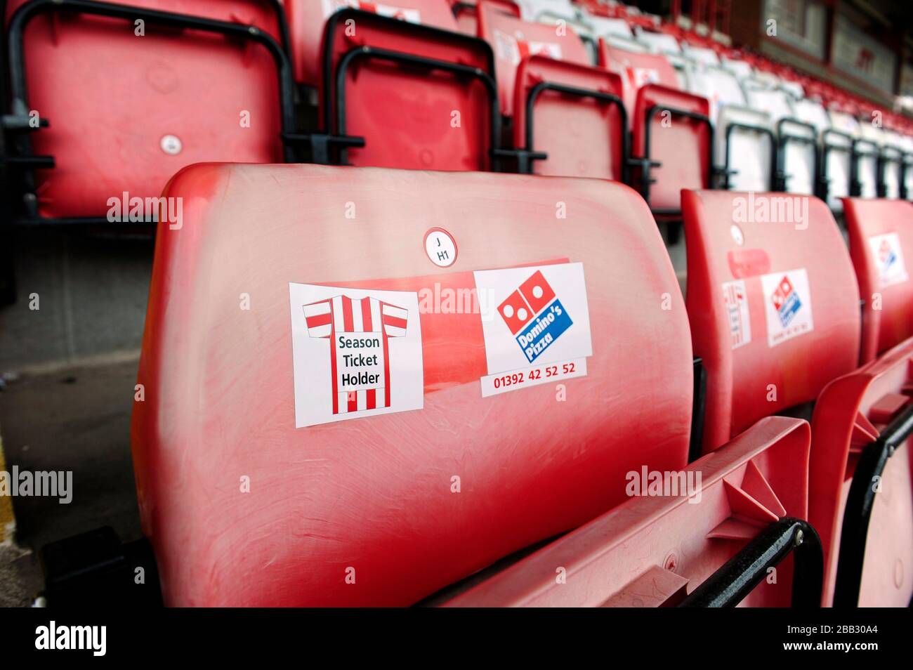 A general view of sponsored seating at St James' Park, home of Exeter ...