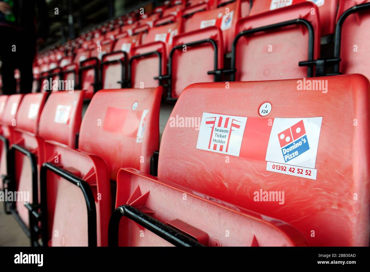 A general view of sponsored seating at St James' Park, home of Exeter ...