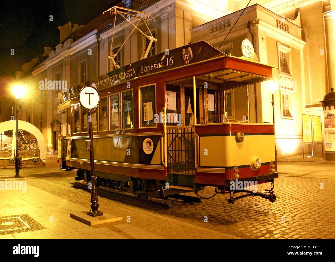 The historic tram on the market square in Torun, Kuyavian-Pomeranian ...
