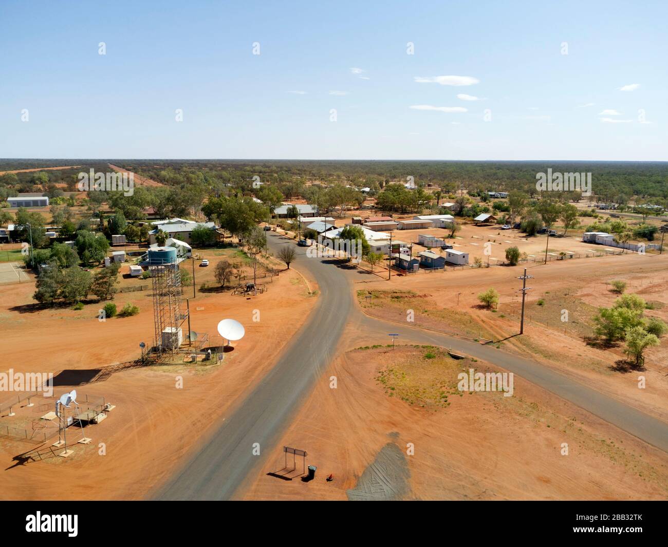 Aerial of the small historic village of Eulo on the banks of the Paroo ...