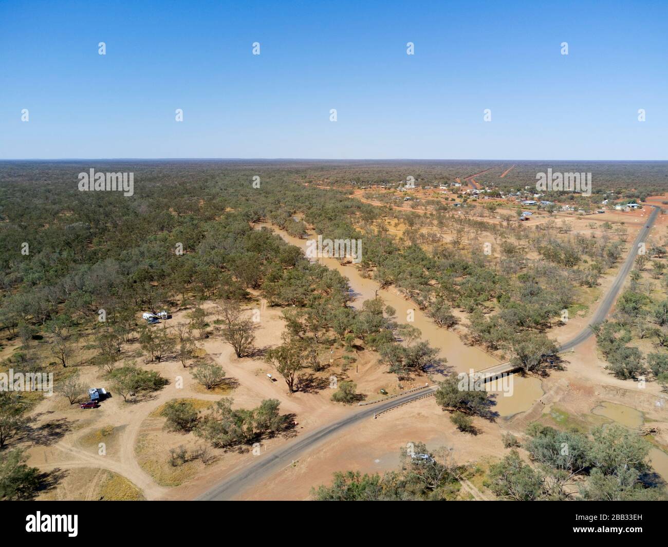 Aerial of the river crossing at the village of Eulo on the banks of the ...