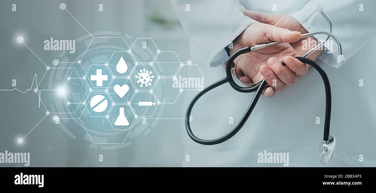Doctor holding stethoscope in hands, medicine services Stock Photo - Alamy