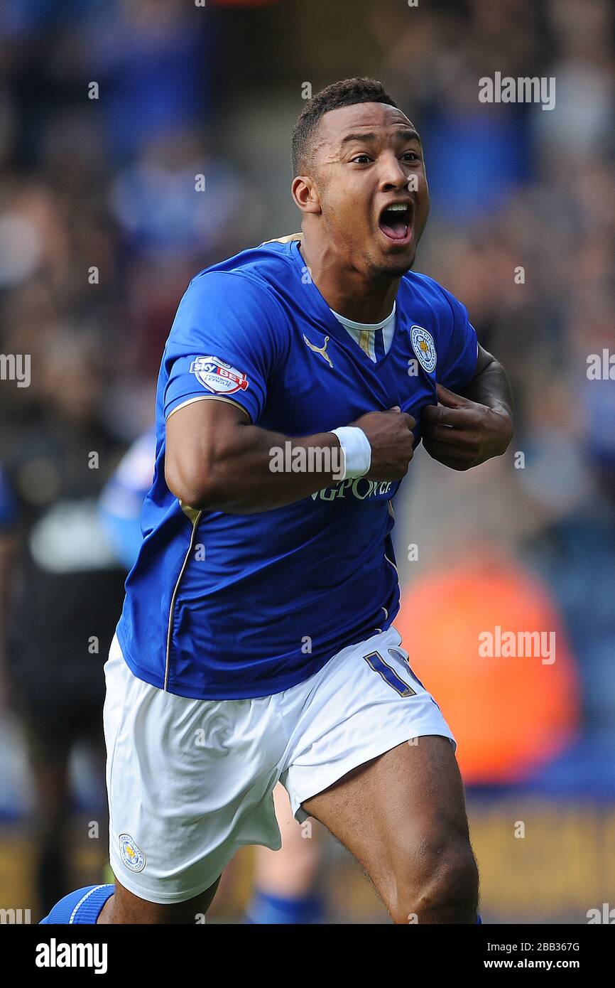 Leicester City's Liam Moore celebrates scoring the opening goal Stock ...