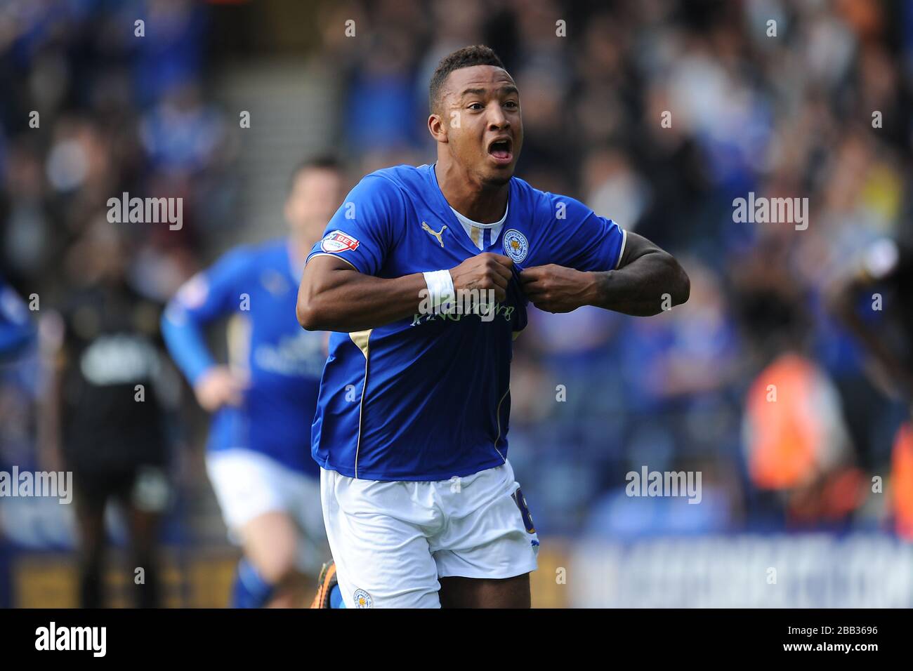 Leicester City's Liam Moore celebrates scoring the opening goal Stock ...