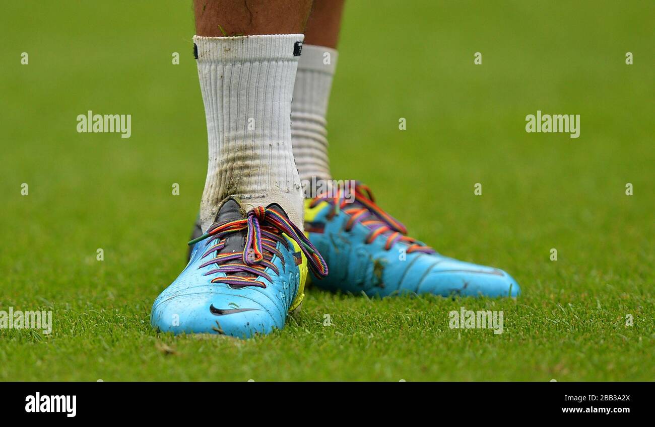 Detailed view of rainbow boot laces worn by Fulham goalkeeper Neil ...