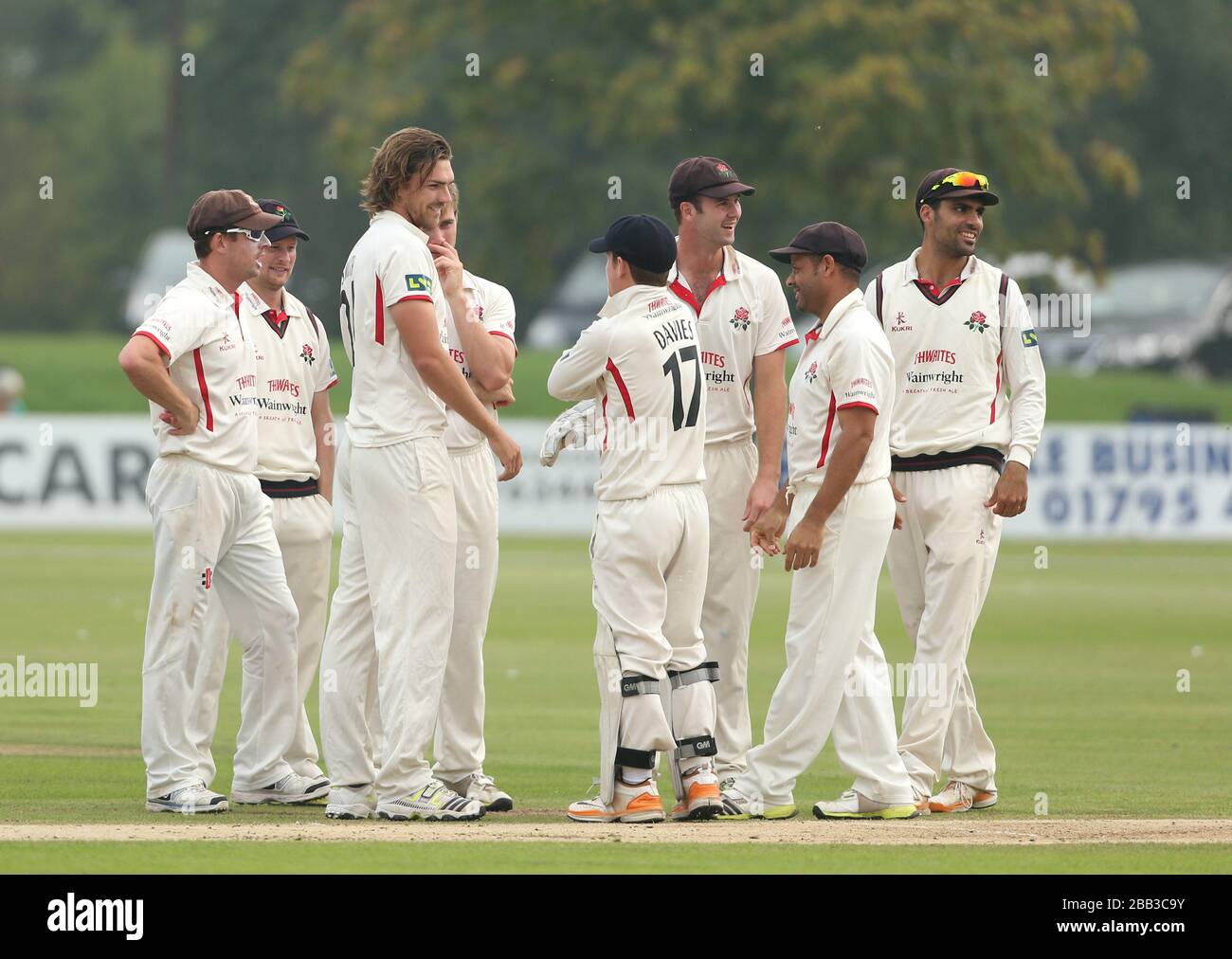 Lancashire's Oliver Newby celebrates taking the wicket of Kent's ...