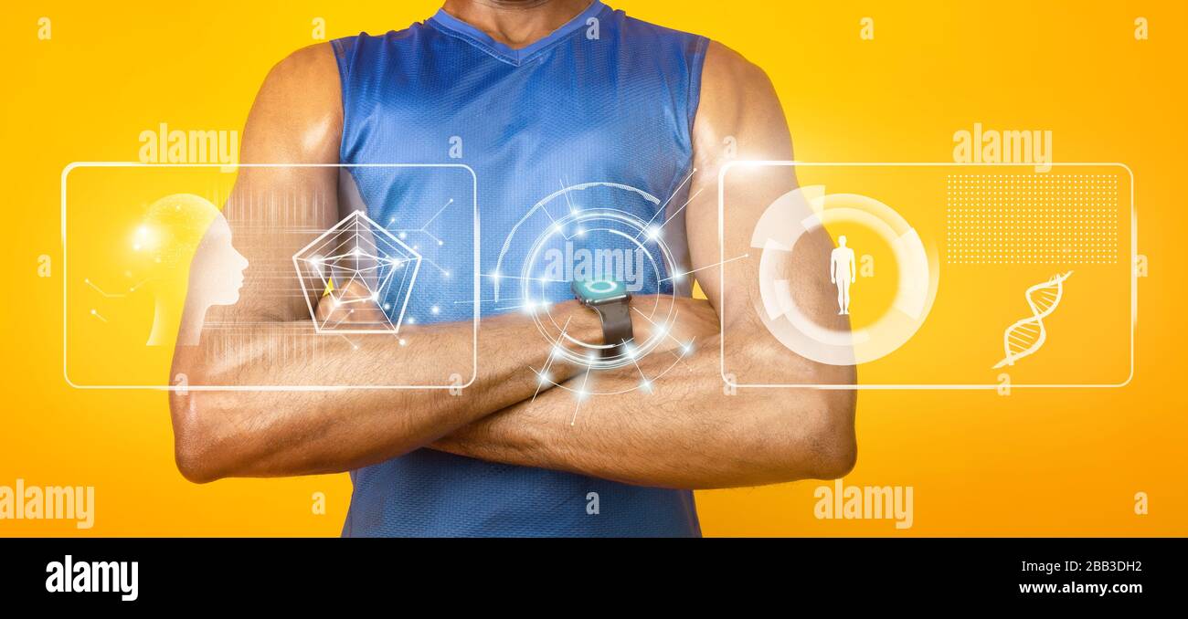 Muscular black guy with crossed hands wearing smart watch Stock Photo ...
