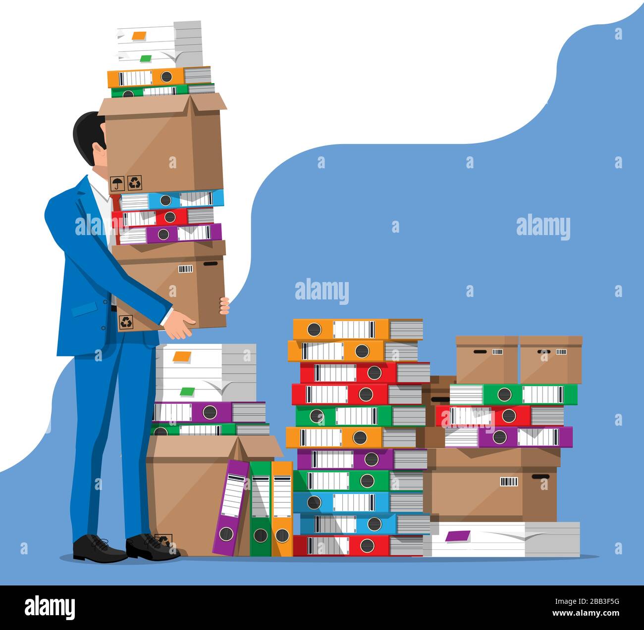 Stressed businessman and pile of office folders, documents. Overworked ...