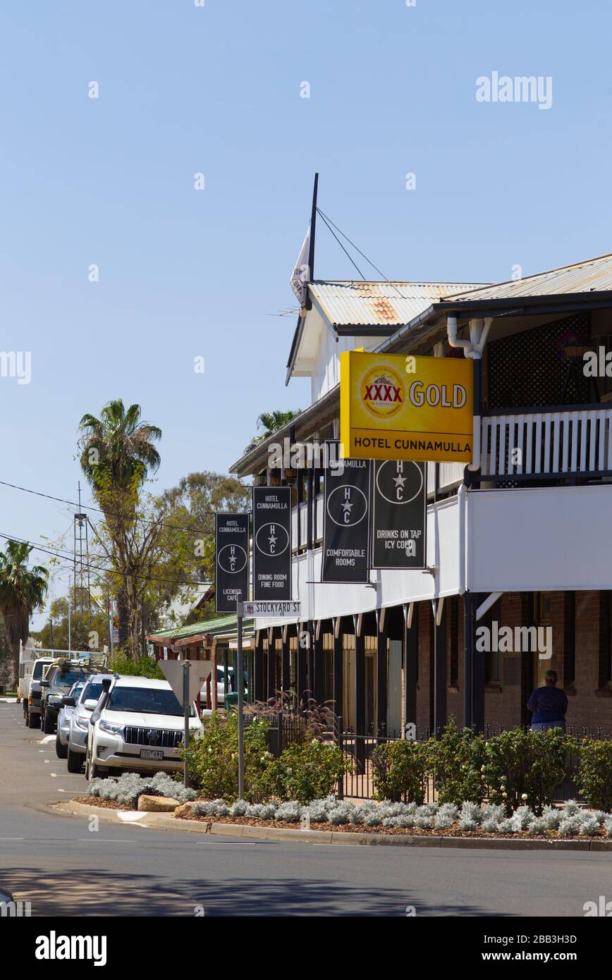 A covered veranda walkway under the Cunnamulla Hotel provides shade for ...