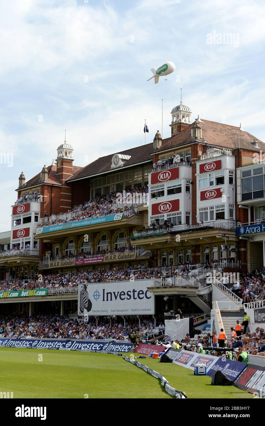 The crowds enjoy the action from The Pavilion at the Kia Oval Stock ...