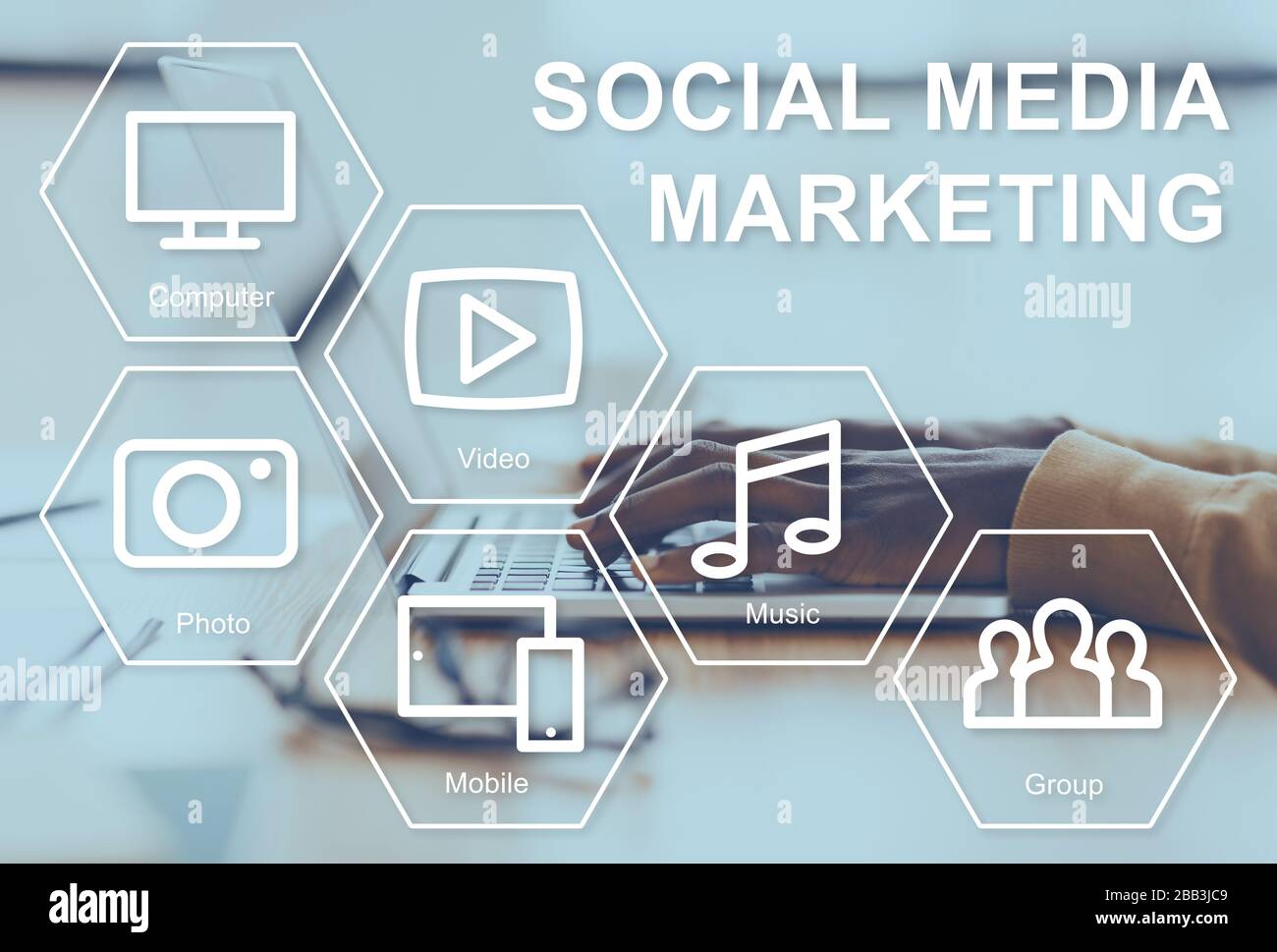 Social media influencer working on laptop, developing marketing ...