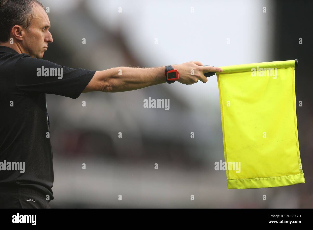 The assistant referee raises his flag on the touchline Stock Photo - Alamy