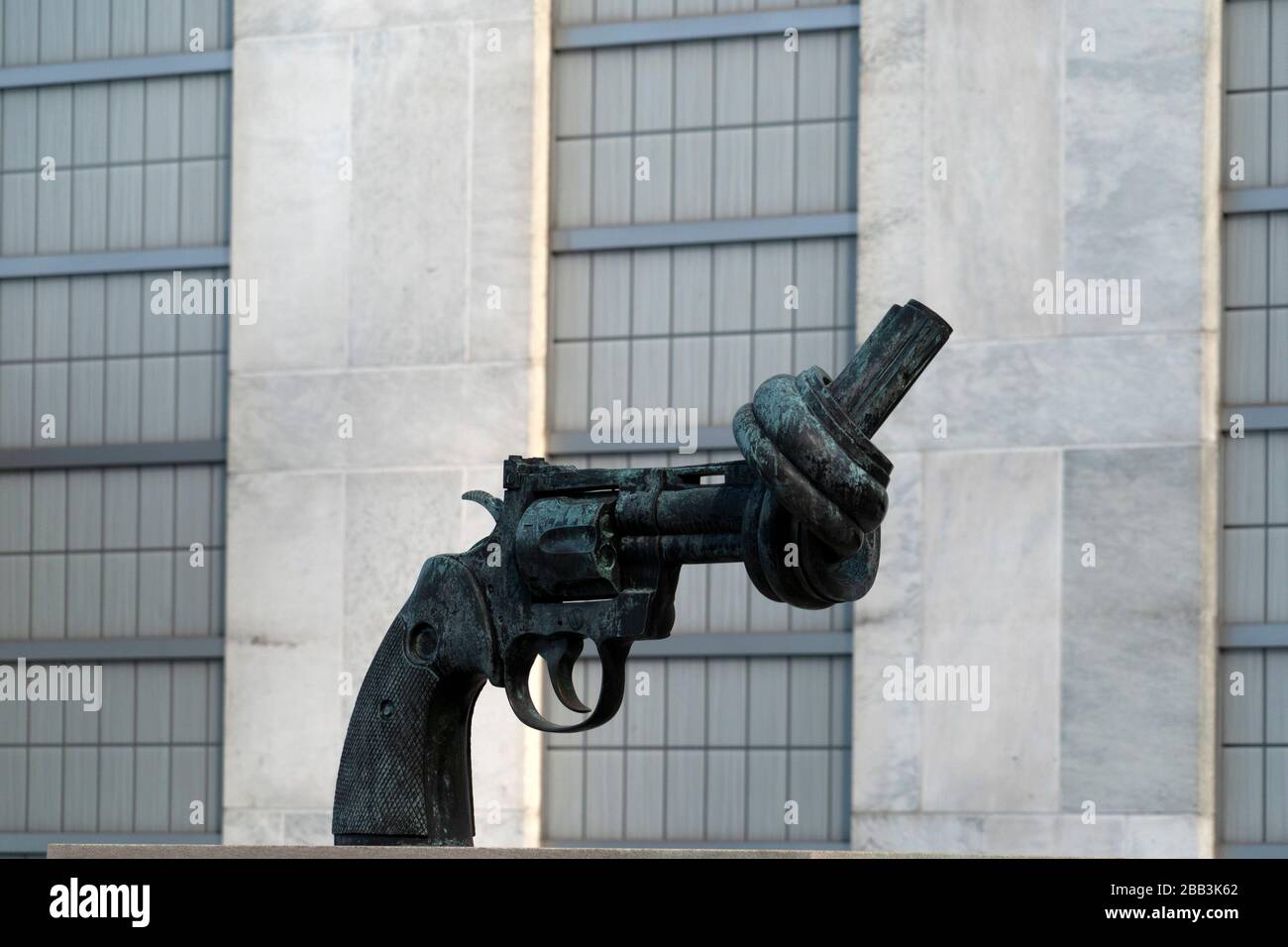 NEW YORK, USA - MAY 25 2018 - knot gun sculpture no war United Nations ...