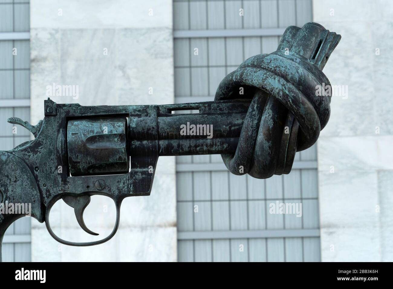 NEW YORK, USA - MAY 25 2018 - knot gun sculpture no war United Nations ...