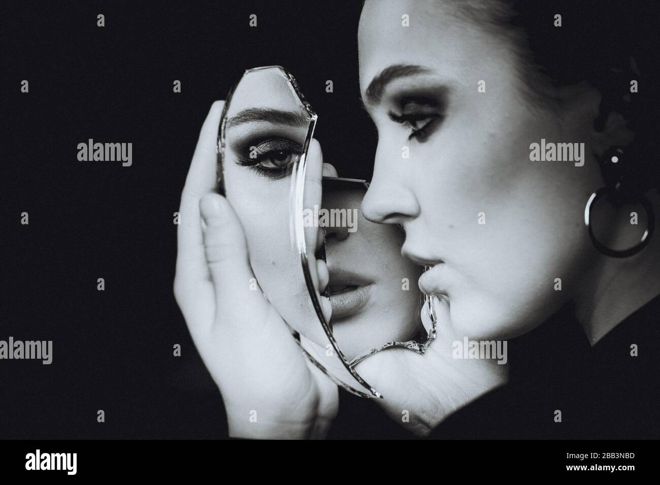 Woman with depression mirror, black and white portrait Stock Photo - Alamy