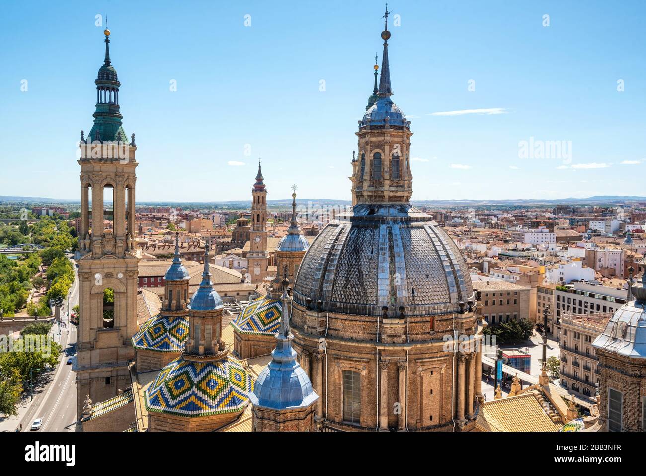 Aerial cityscape view of basilica of Our Lady in Zaragoza city in Spain ...