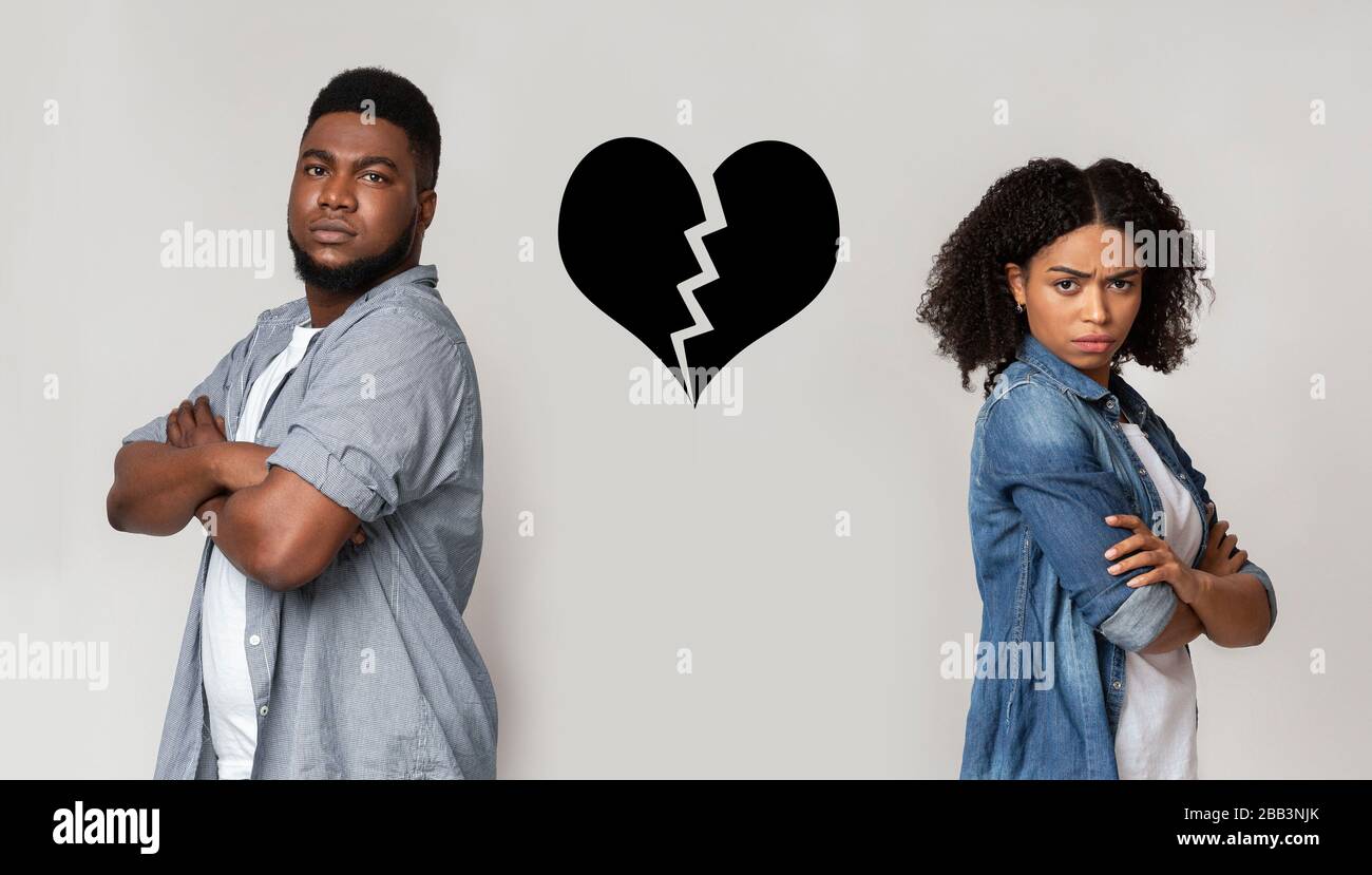 Breakup. Collage Of Unhappy Black Couple With Ripped Heart Symbol ...