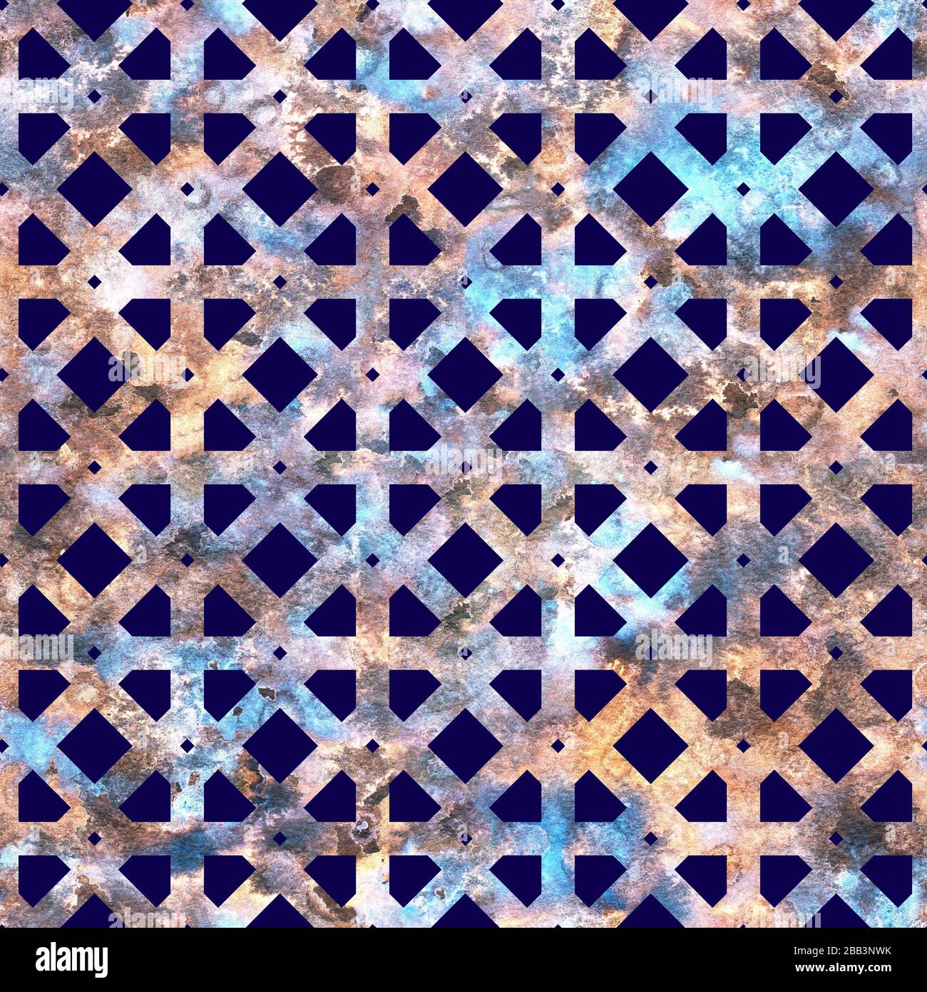 Geometric rainbow grid in neon colors on a dark navy blue background ...