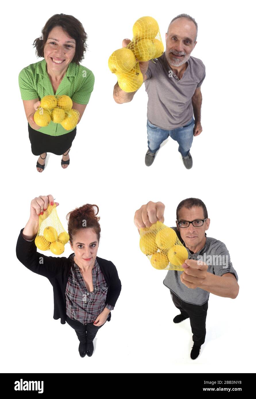 group of people with lemon on white background Stock Photo - Alamy