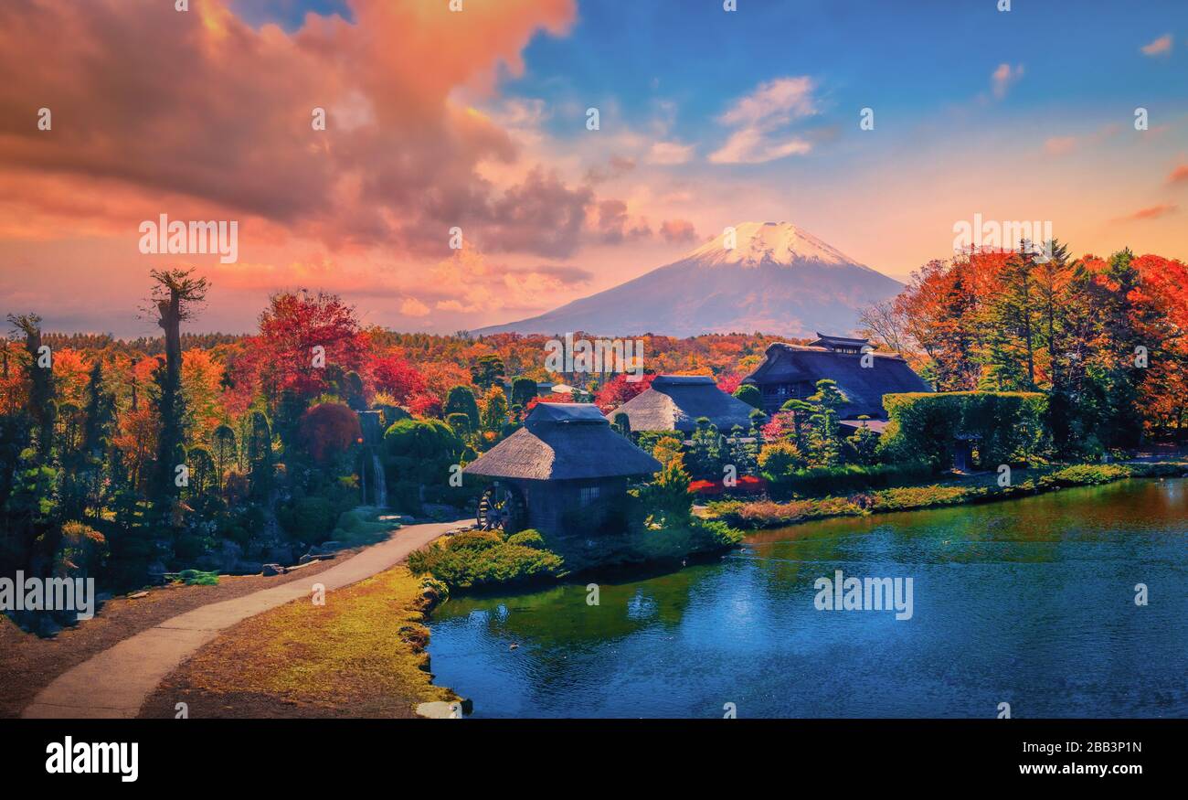 The ancient Oshino Hakkai village with Mt. Fuji in Autumn Season at Minamitsuru District ...