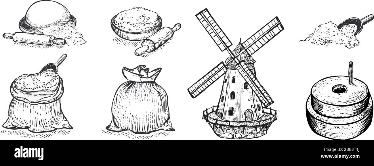 Set of flour, hand mill, windmill, wheat, grain, ingredients. Hand ...